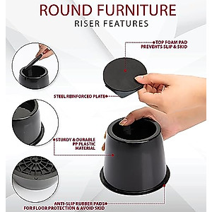 Utopia Bedding Bed Risers 3 Inch - 8 Pack - Round Furniture Risers with Top Anti-Slip Foam with Metal Plate & Bottom Rubber Pads - Bed Risers Heavy Duty for Sofa, Couch & Chair Lifts (Black)