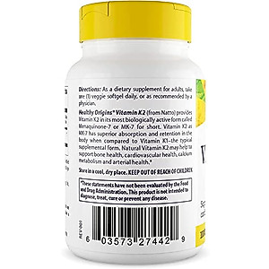 Healthy Origins Vitamin K2 100 mcg (MK-7, Non-GMO, Gluten Free, Cardiovascaular Support, Bone Support), 60 Veggie Gels