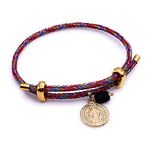 LESLIE BOULES 18K Gold Plated Saint Benedict Colored String Bracelet Charm Genuine Azabache Stone