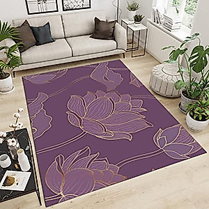 Purple Gold Lotus Area Rug, Fashion Simple Light Luxury Indoor Non-Slip Kids Rugs, Machine Washable Breathable Durable Carpet for Front Entrance Floor Decor,5 x 7ft