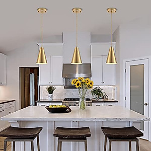Gold Pendant Lights Kitchen Island,Dining Room Light Fixtures Over Table 3 Pack with Brushed Brass Cone Metal Shade, Modern Farmhouse Mini Chandeliers,Adjustable Cord Hanging Lighting for Bar,Sink