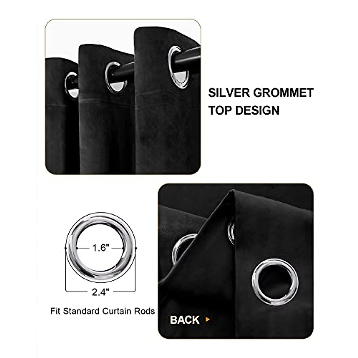 RIMEE Black Super Soft Velvet Curtains 108 inches Grommet, Super Thick Thermal Insulated Blackout Velvet Curtains Noise Reduction Velvet Drapes for Bedroom, 2 Panels