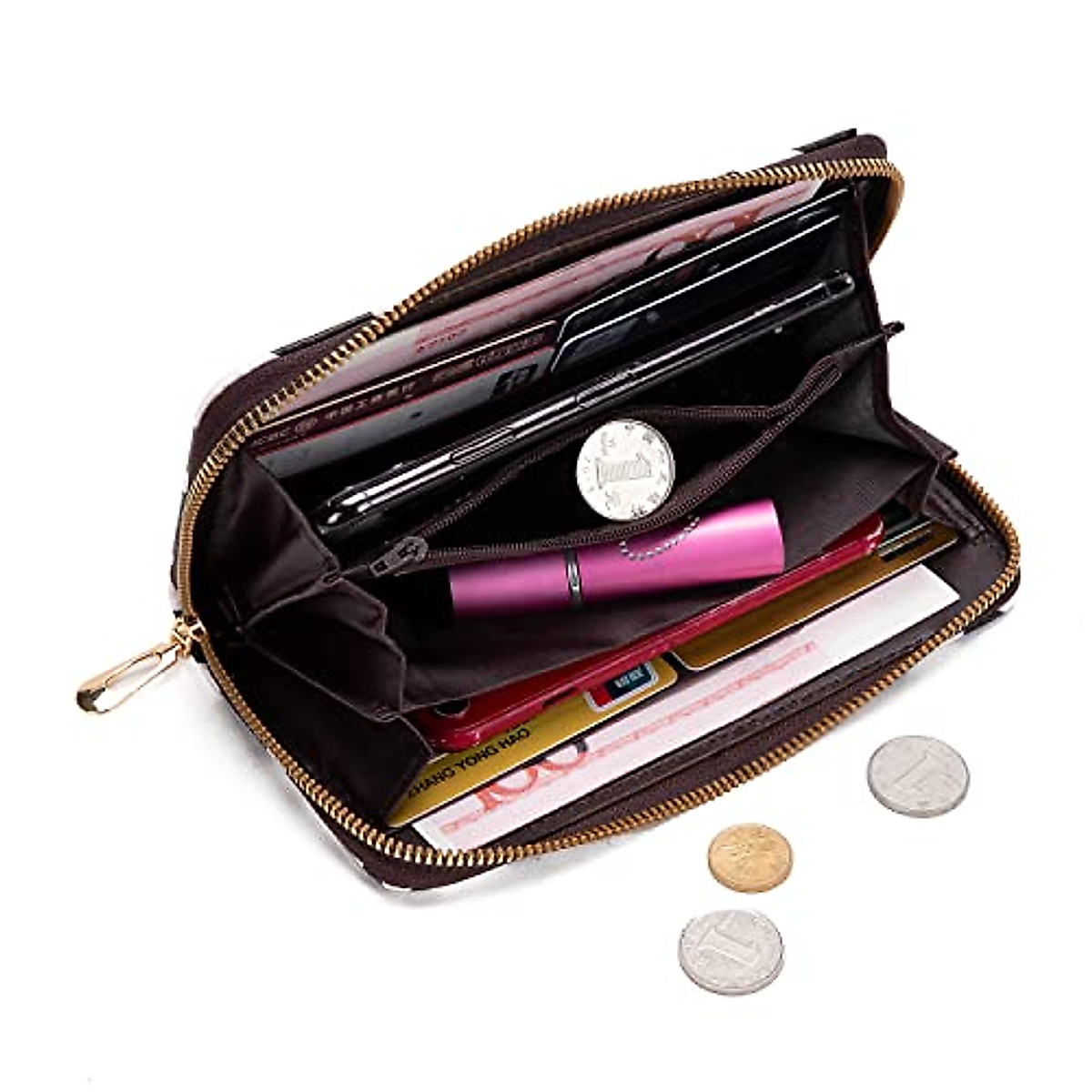 Ecohaso Womens Wallet Ladies Leather Clutch Wallets Zip Around Large Long Wristlet Card Holder Organizer Phone Purse for Women and Ladies (BLACK WHITE)