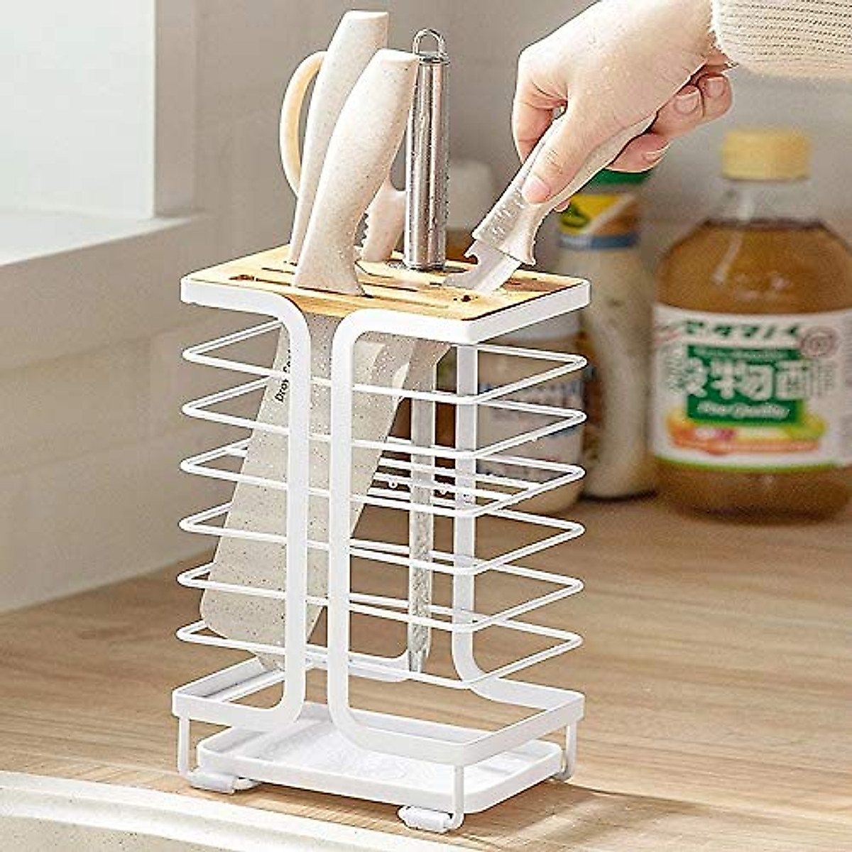 CUJUX Stainless Steel Kitchen Knife Holder White Universal Metal Wood Bamboo Knife Block Rack Multifunction Storage Stand Organizer(Without knife)
