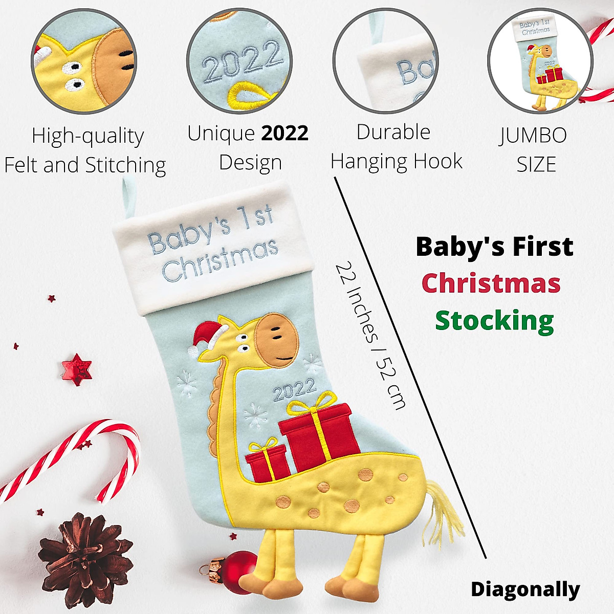 Heart's Sign Babys First Christmas Stocking 2023 Giraffe | My First Christmas Baby Boy and Baby Girl | Newborn Stockings Christmas Ornaments | Newborn Christmas Decor (Azure)