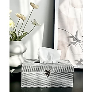 MODE HOME Rectangular Wooden Tissue Box Cover Silver Glitter Leather Tissue Box Holder with Metal Clasp for Living Room, Bathroom, Bedroom, Dryer Sheet Holder for Laundry Room Decor