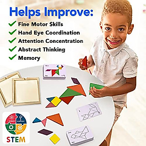 3 Bees & Me 2 Wooden Tangram Shapes Puzzle Toys with 52 Pattern Cards for Kids and Adults - Montessori Wood Toy, STEM Shape Puzzles Manipulatives Games, Educational Tangrams, Brain Logic Blocks