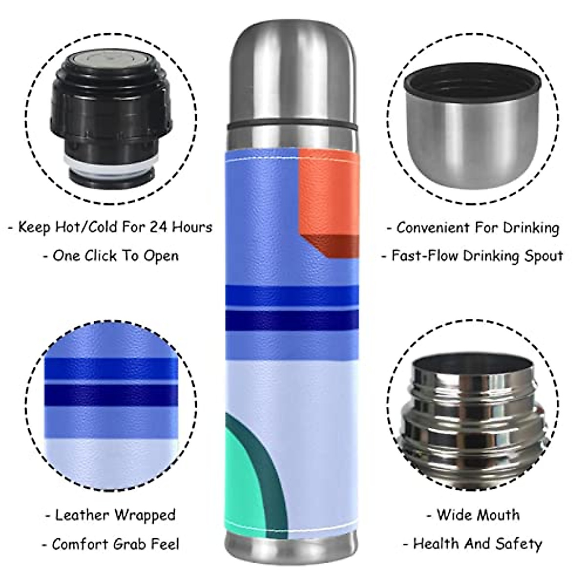 Stainless Steel Leather Vacuum Insulated Mug Geometry Thermos Water Bottle for Hot and Cold Drinks Kids Adults 16 Oz