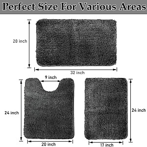 3 Piece Bathroom Rugs-Extra Soft and Absorbent Microfiber Bath Rugs, Non-Slip Plush Shaggy Luxury Mat with Rubber Backing, Machine Wash Dry, Bath Mats for Bathroom Floor, Tub and Shower, Deep Grey