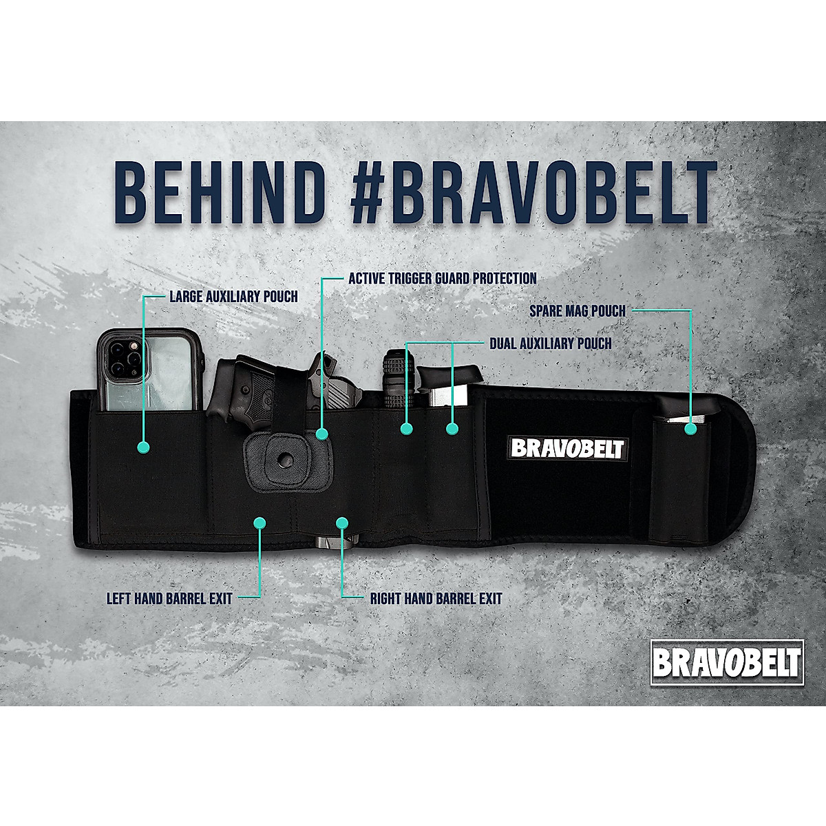 BRAVOBELT Belly Band Holster - Athletic Flex FIT for Running, Jogging, Hiking - G17-43 S&W M&P 40 Shield Bodyguard Kimber (Up to 44" Belly, Black)