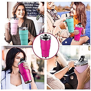 Opreine 32oz Insulated Tumbler with Straw and Handle, Double Wall Vacuum Stainless Steel Tumbler Coffee Mug Cup, Fit for Car Holder, Sweat Proof, Leak Proof, Dishwasher Safe, Hot Pink