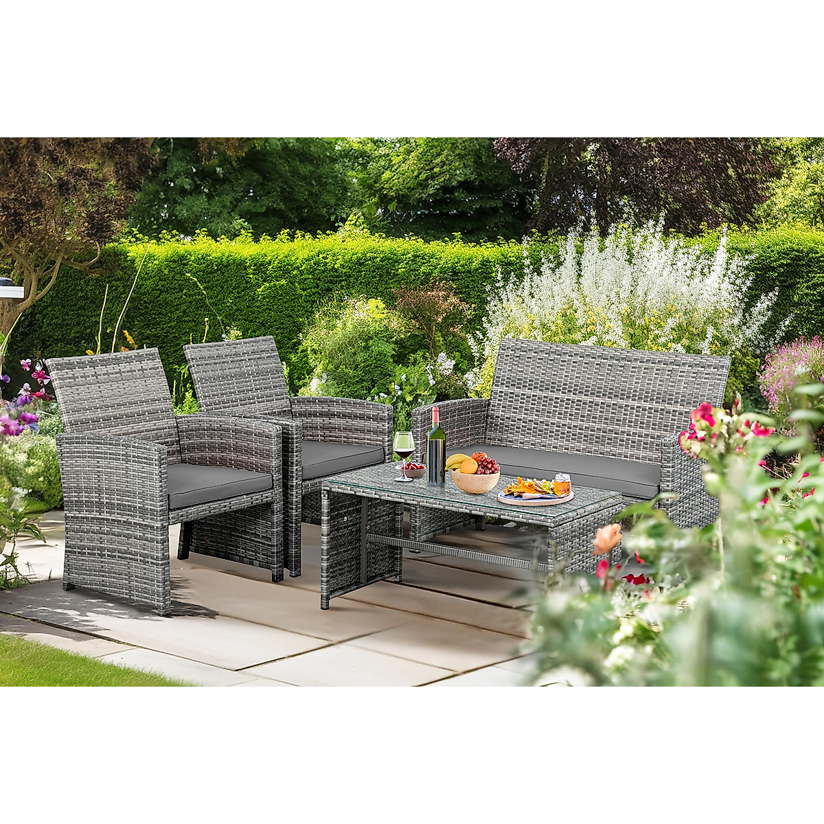 Shintenchi 4-Piece Outdoor Gray Wicker Patio Conversation Furniture Set, Rattan Patio Furniture Set with Weather Resistant Cushions and Tempered Glass Tabletop,Grey