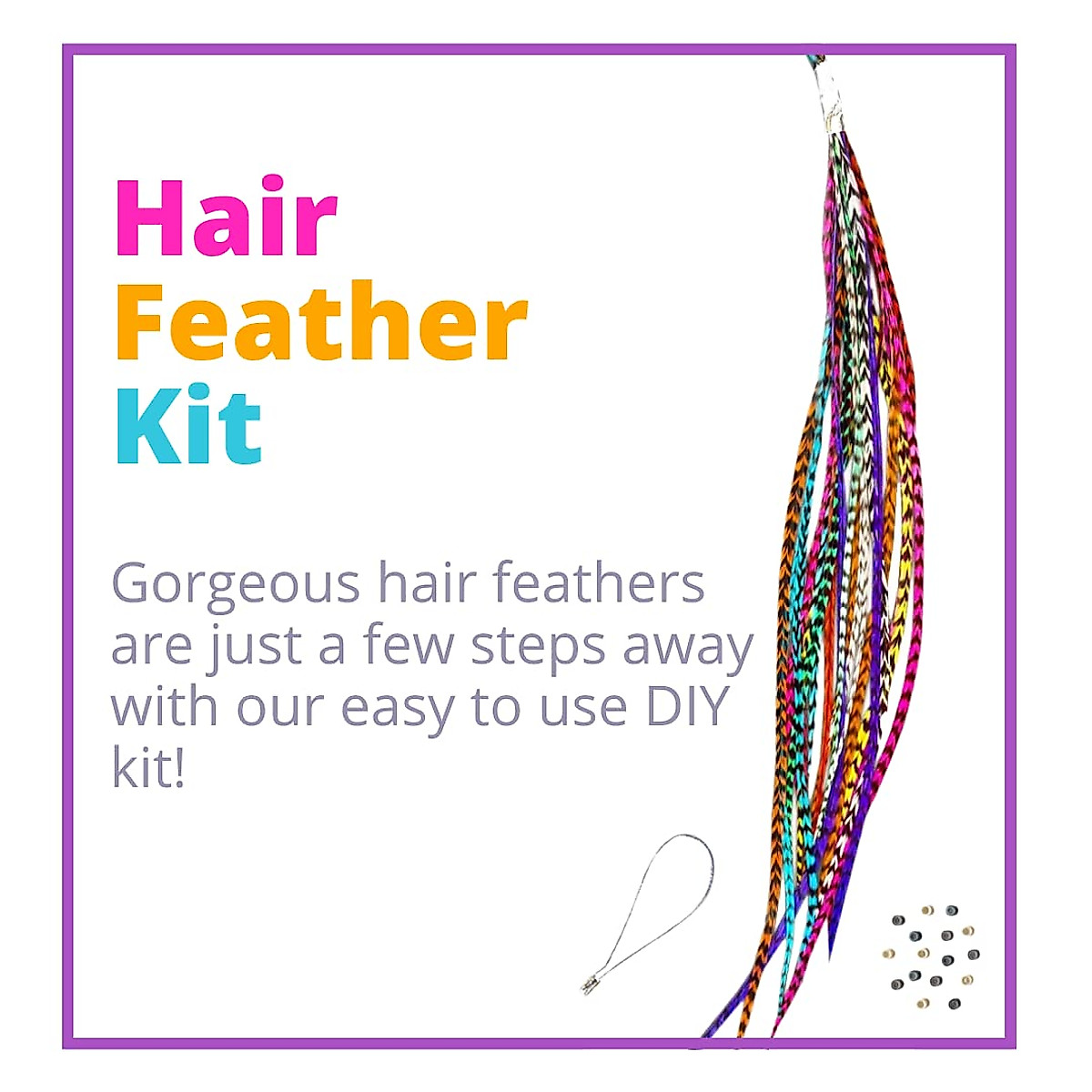 Feathers for Hair, 20 Rainbow Rooster Feathers Hair Extensions Kit with Silicone Beads and Loop Tool All Bright Colors- Pink, Blue, Red, Purple, Orange, Yellow, Green Striped Grizzly Feathers