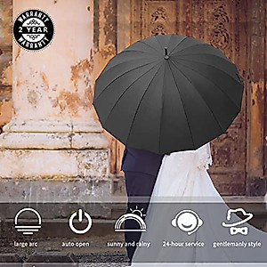 MRTLLOA 52 Inch Windproof Large Umbrellas for Rain, 16 Ribs, J Wooden Handle, 210T High-density Fabric Golf Stick Umbrella(52 Inch, Black)