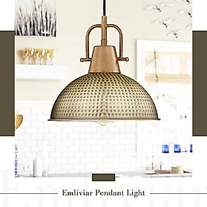 Emliviar 1-Light Farmhouse Modern Pendant Light, 10.2 Inch Hanging Lamp for Dining Room, Hammered Metal Dome Shade in Brass Finish, GE269MIL BG+WD