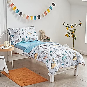 Joyreap 4 Piece Toddler Bedding Set, Cute Dinosaur on Light Blue, Ultra Soft Microfiber Toddler Comforter for Kids Boys Girls, Includes Quilted Comforter, Fitted Sheet, Top Sheet, and Pillow Case