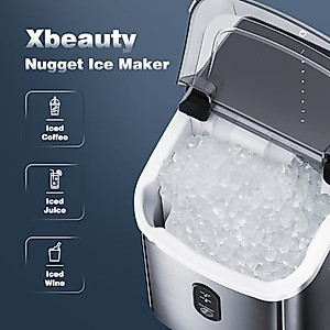Xbeauty Nugget Ice Maker-Nugget Ice Maker Countertop Up to 35lbs of Ice a Day with Self-Cleaning,Stainless Steel,Removable Ice Basket&Scoop for Home/Kitchen/Office/Party,Stainless Steel Silver
