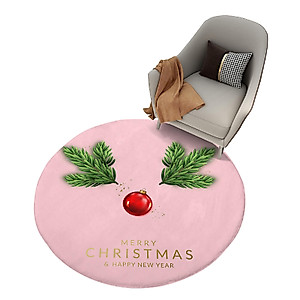 Blush Pink Christmas Fluffy Round Area Rug Carpets 4ft, Plush Shaggy Carpet Soft Circular Rugs, Non-Slip Fuzzy Accent Floor Mat for Living Room Bedroom Nursery Xmas Winter Pine Tree Leaf Green Gold