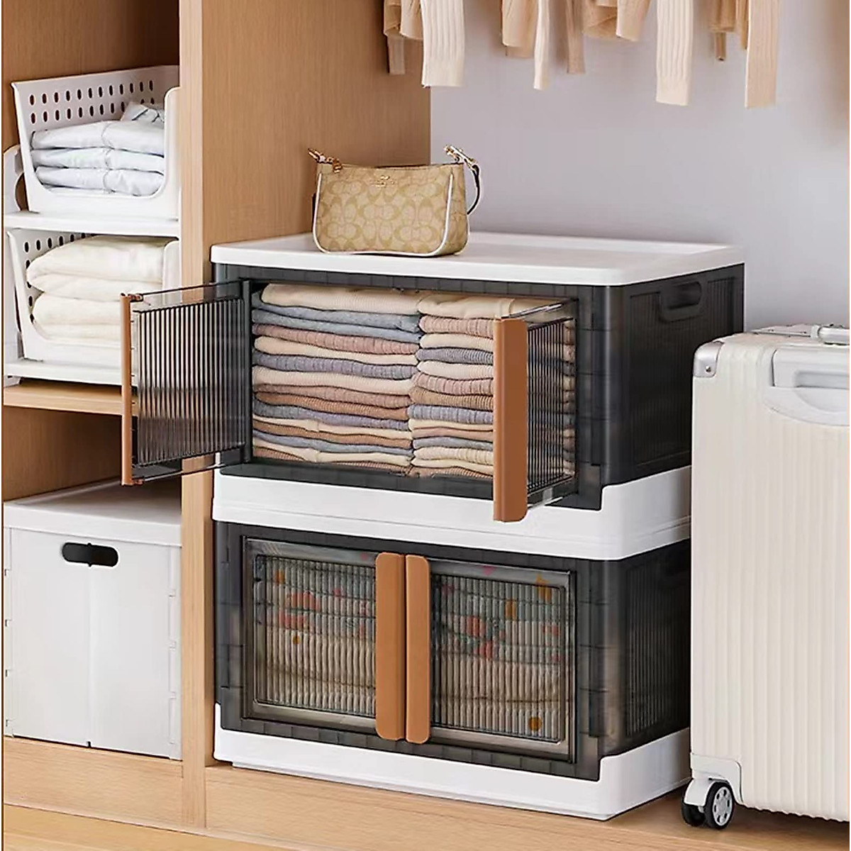 Aleiodvn Storage Bins with Lids,34 Quart Plastic Stackable Storage Boxes,Collapsible Wardrobe Closet Organizer with Wheels and Door,Clear Black Storage,Trunk Organizer, Dorm Room Essentials -3 Pack