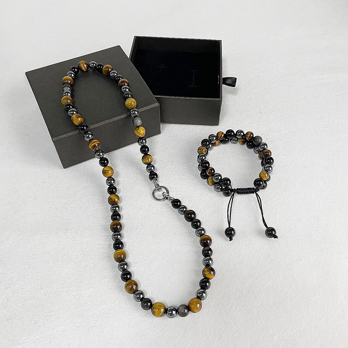 Men Tiger Eye Beaded Necklace Bracelet Triple Protection Jewelry Sets Hematite Black Obsidian Healing Crystal Stone Chakra Necklace