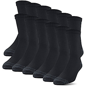 Gildan Men's Polyester Half Cushion Mid-Crew Socks, 12-Pack, Black, Shoe Size: 6-12