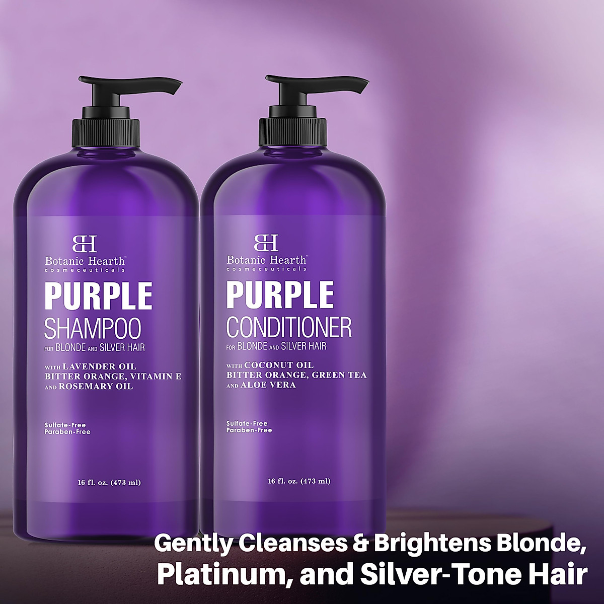 BOTANIC HEARTH Purple Shampoo and Conditioner Set - for All Shades of Blonde, Silver and Gray Hair - Enhances Highlights - Sulfate Free, Paraben Free, 16 fl oz each