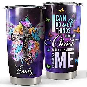 Personalized Christian Tumbler,Butterfly Faith Mug,Coffee Mug Jesus,Christian Coffee Mugs,Bible Verse Mug,Woman Of Faith Mug,Christian Travel Mug Stainless Steel 20Oz,Spiritual Gift For Women