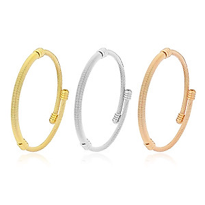 EDFORCE 3 Tone Stainless Steel Hypoallergenic Stacked Twisted Cable Wire Bangle Adjustable Cuff Bracelet Set, Set of 3, 6"-7.5" (Wire)