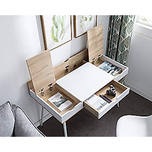 JJS Home Computer Desk, Writing Desk with Drawers, Contemporary Design Split Top Storage Modern Desk, Sturdy and Easy Assembly Spacious Desktop Mid Century Desk,White Desks for Bedroom Dresser Table