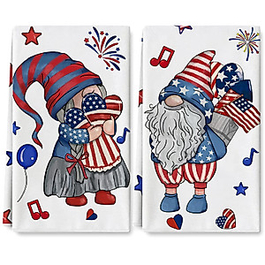 AnyDesign Patriotic Kitchen Dish Towel 18 x 28 Inch Watercolor 4th of July Gnome American Flag Dishcloth Independence Day Decorative Hand Drying Tea Towel for Memorial Day Cooking Baking, 2Pcs