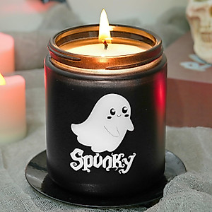 Halloween Candles Ghost Decorations, Fall Candles for Home, Halloween Candle with Cute Ghosts Print Changing Lights, Spooky Halloween Gifts for Women, 9oz Natural Lavender Candle