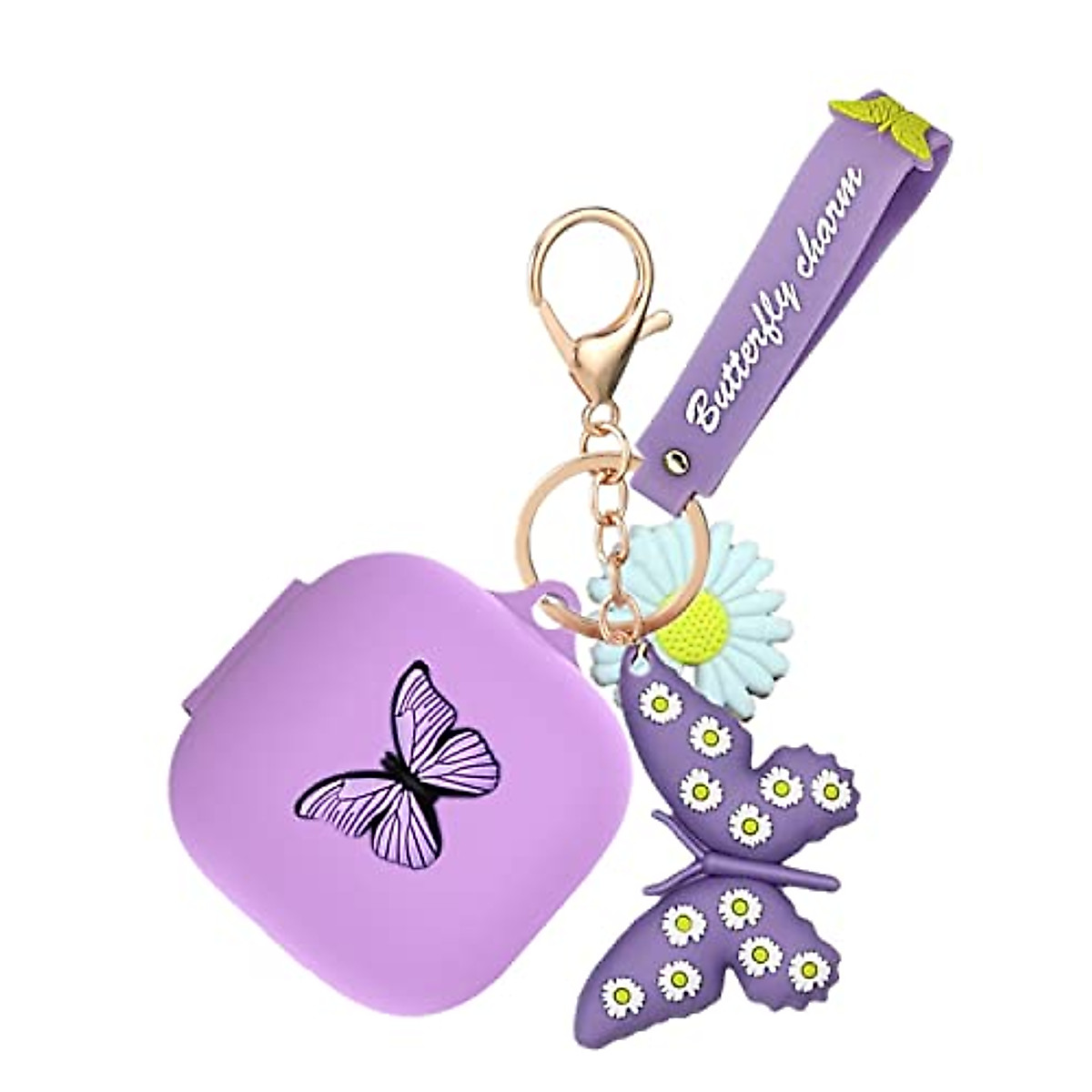 Case for Beats Fit Pro with Wristlet Keychain, Cute Cartoon Butterfly Charm Soft Silicone Charging Case with Wrist Strap Anti-Lost Cover for Beats Fit Pro X 2021/2022, Gift for Women Girl (Purple)