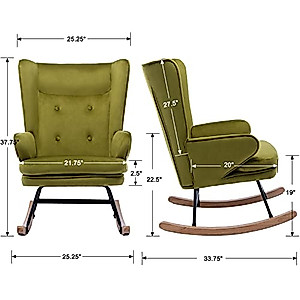 ZHENGHAO Velvet Rocking Chair, Upholstered Glider Nursery Rocker Chair with High Back, Mid Century Modern Lounge Arm Chair Comfy Side Chair for Living Room/Bedroom, Green