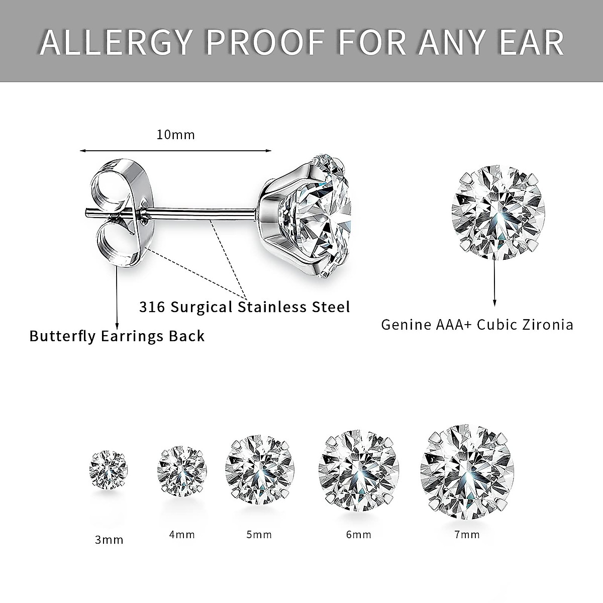 5 Pairs Stud Earrings Set 316 Stainless Steel Earrings,Hypoallergenic Cubic Zirconia Surgical Steel Earrings for Woman Man Girls(3-7mm)