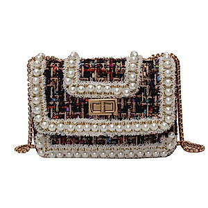 Aitian Designer Tweed Pearl Chain Purse - Fashion Crossbody Bags for Women and Shoulder Purses and Handbags Quilted Leather Designer Bags for Women Crossbody Bag with Chain