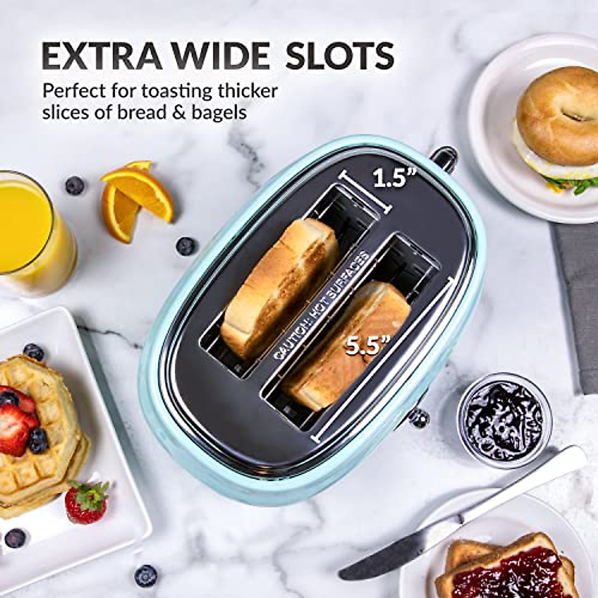 Nostalgia Classic 2-Slice Wide Slot Toaster, Retro Vintage Design with Six Toasting Settings & Removable Crumb Tray, Aqua