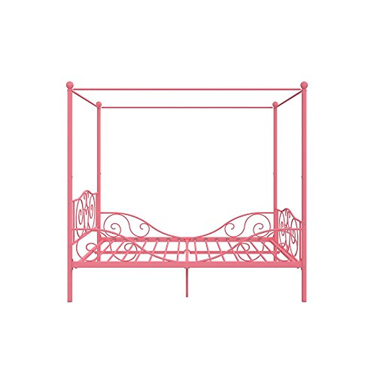 DHP Metal Canopy Kids Platform Bed with Four Poster Design, Scrollwork Headboard and Footboard, Underbed Storage Space, No Box Sring Needed, Full, Pink