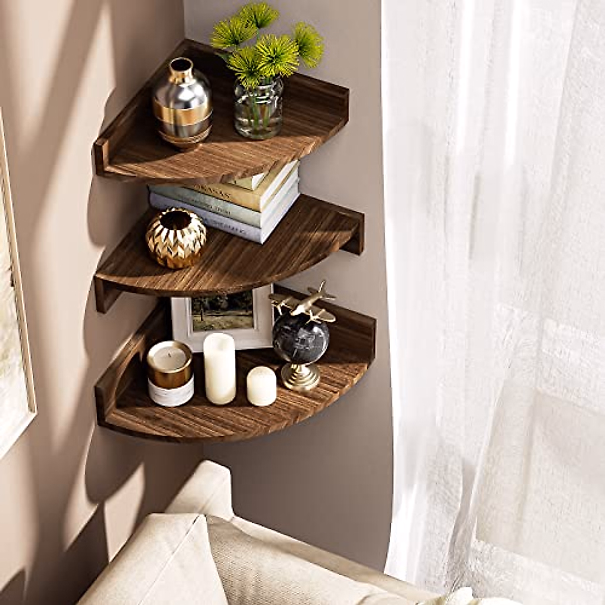 Alsonerbay Corner Shelf Wall Mount, Set of 3 Floating Shelves for Wall Storage and Display, Rustic Wall Shelves Wood Shelves for Bedroom, Kitchen, Living Room, Nursery and Office (Dark Brown)