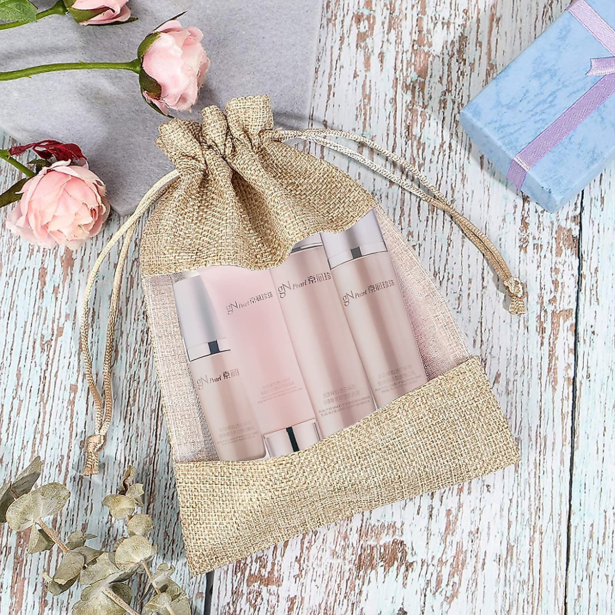 XMSound 50 Pack 5x7 Inch Linen Burlap Sheer Bag Organza Bag Burlap Bags Gift Bags with Drawstring, for Wedding Party Favors Cosmetic Samples Mesh Pouch DIY Craft