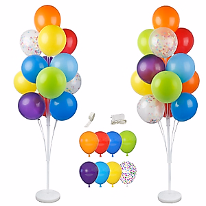 Amandir 2 Set Balloon Stand Kit for Floor with Lights, Include 32Pcs Rainbow Latex Confetti Balloons, Balloon Column Stand for Wedding Birthday Party