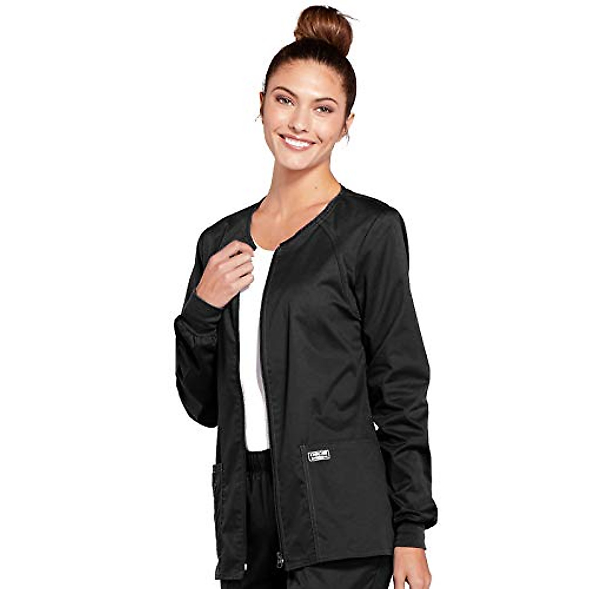 Cherokee Zip Front Scrub Jackets for Women, Workwear Core Stretch Soft Brushed Twill 4315, L, Black
