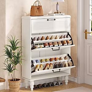 Tribesigns White Shoe Storage Cabinet: Shoe Organizer Cabinet with 2 Flip Drawers, Slim Freestanding Shoe Storage Rack, Wood Shoe Organizer for Entryway, Living Room, Closet