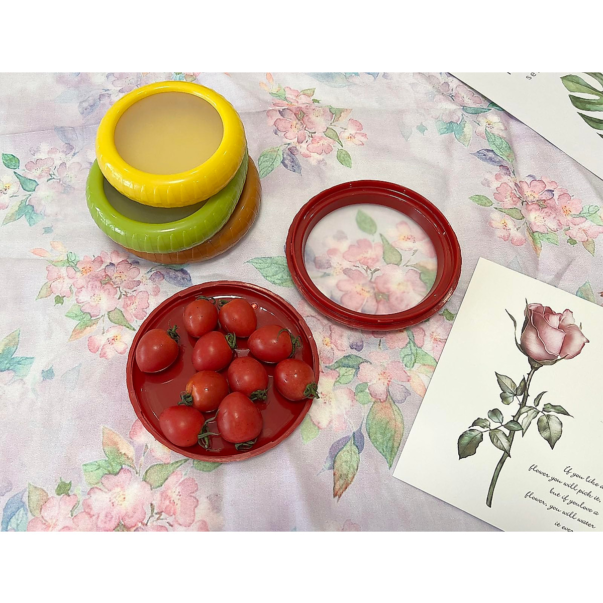 halteoly 4PC Silicone Fruit and Vegetable Storage Containers Set for Fridge, Onion Storage Container, Avocado keeper,Tomato Saver,and Lemon holder