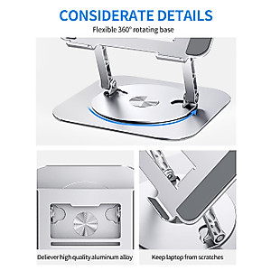 AOEVI Adjustable Laptop Stand with 360 Rotating Base, Computer Stand for Laptop Ergonimic Foldable Laptop Riser for Desk Compatible with MacBook Pro/Air Notebook up to 16 Inches, Silver