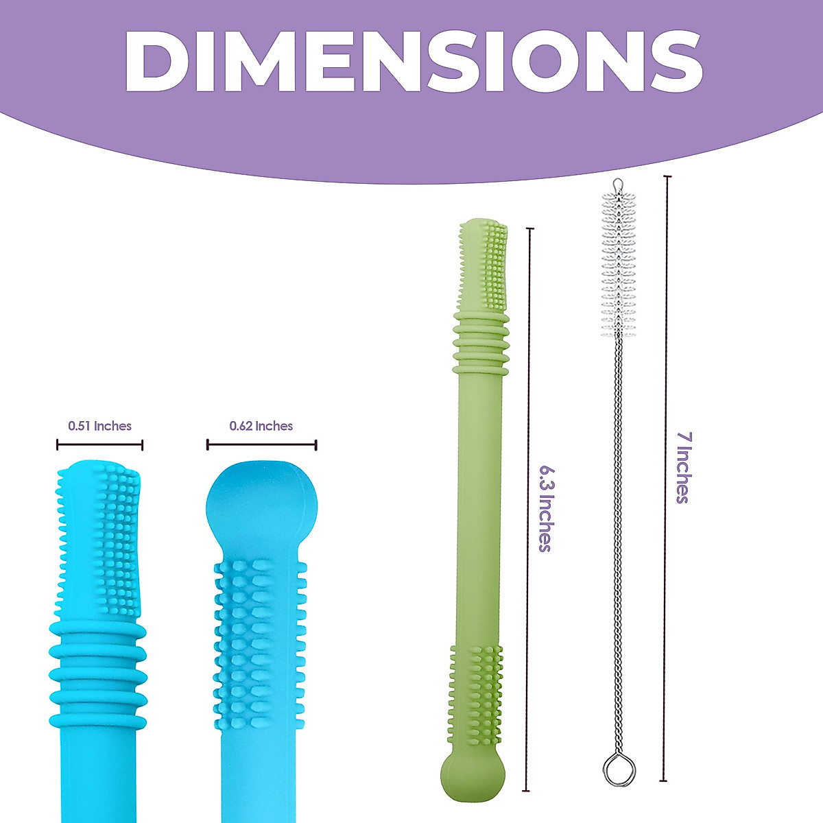 Samar Valley Teething Tubes - Pack of 4 Safe Silicone Baby Straws with Cleaning Brush and Different Surfaces/Colors for Healthy Molar Growth, Color Recognition, and Motor Control