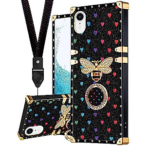 Loheckle for Square iPhone XR Case, Designer Retro Luxury Cases for Women with Ring Stand Holder and Lanyard, Stylish Bee Cute Cover for iPhone XR 6.1 Inch
