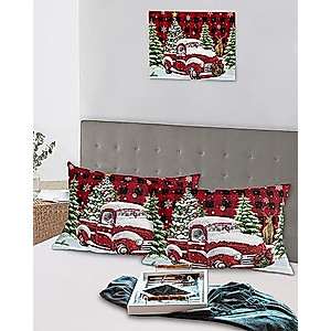 Edwiinsa Snowy Red Truck Pillow Covers Standard Size Set of 2 Bed Pillow, Plush Soft Comfort for Hair/Skin Cooling Pillowcases with Envelop Closure 20x26 Inches Christmas Tree Deer Buffalo Plaid
