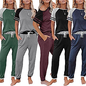 PRETTYGARDEN Women's Two Piece Outfits Jogger Sets Striped Short Sleeve Pullover and Long Pants Tracksuit Pajama Lounge Set(Wine Red,X-Large)