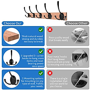 Coat Rack Wall Mounted, Entryway Wall Clothes Rack Hooks with 5 Heavy Duty Metal Three Hooks, Wooden Coat Hooks Wall Mount with 2 Mounting Types for Hanging Jacket, Backpack, Towel, Keyholder, Hats