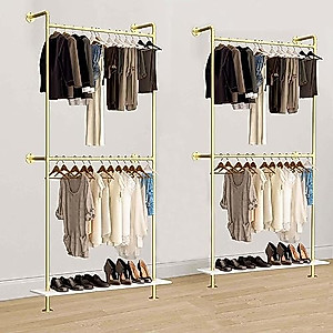 AIWFL Industrial Pipe Clothing Rack Wall Mounted,Modern Simple Metal Clothes Rack,Vintage Retail Display Garment Rack with White Shelves,Metal Gold Clothes Racks with 2 Tier Hanging Rods(47.2" L)